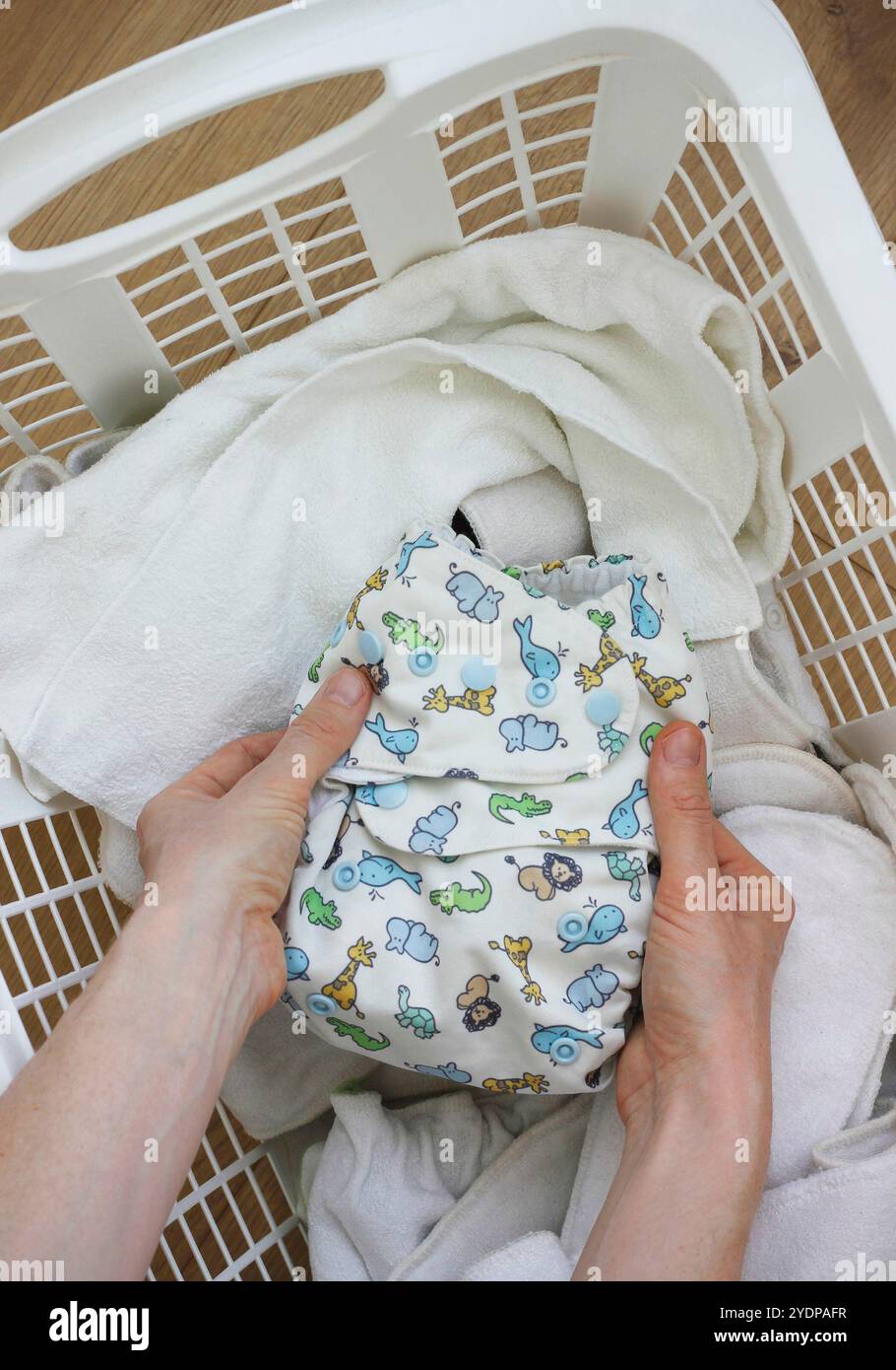 Female hands holding a cloth diaper inside a laundry basket full of ...
