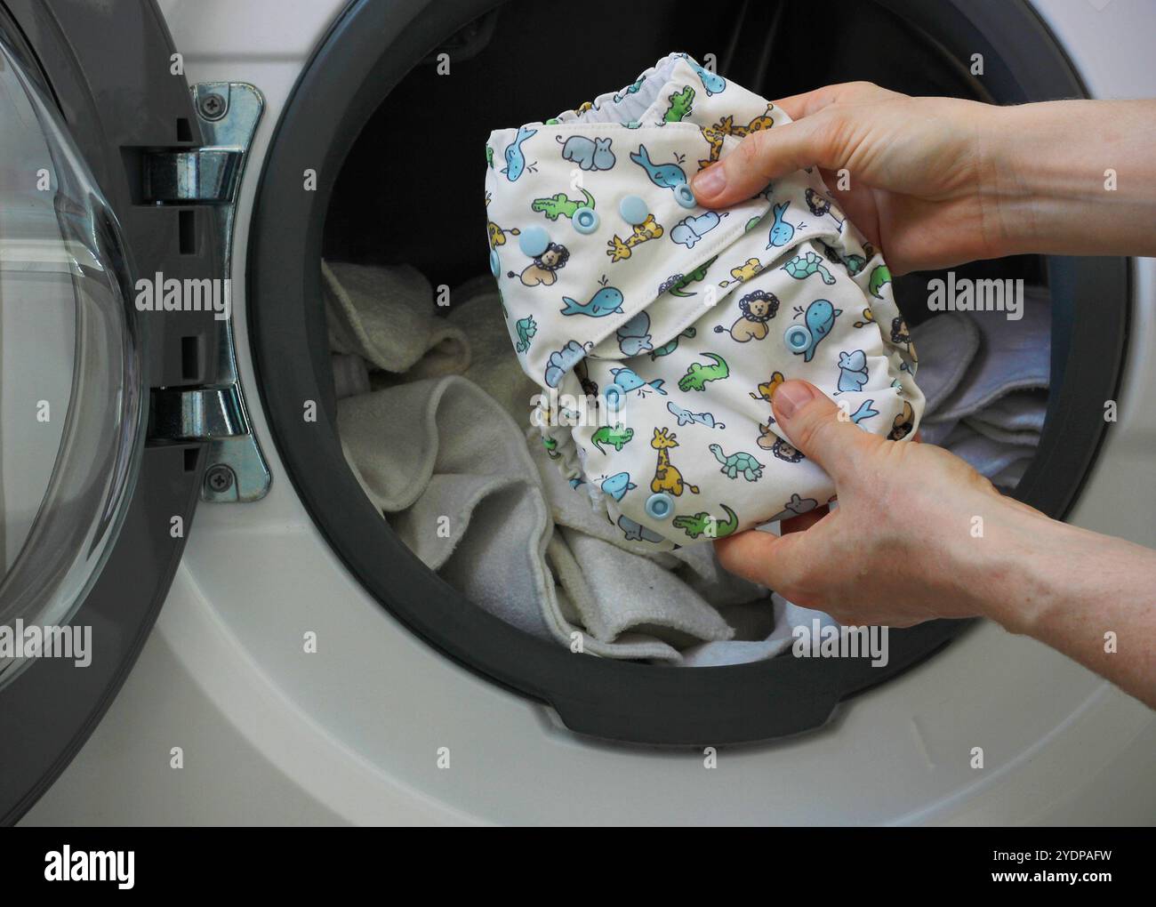 Female hands holding a cloth baby diaper inside a washing machine full ...