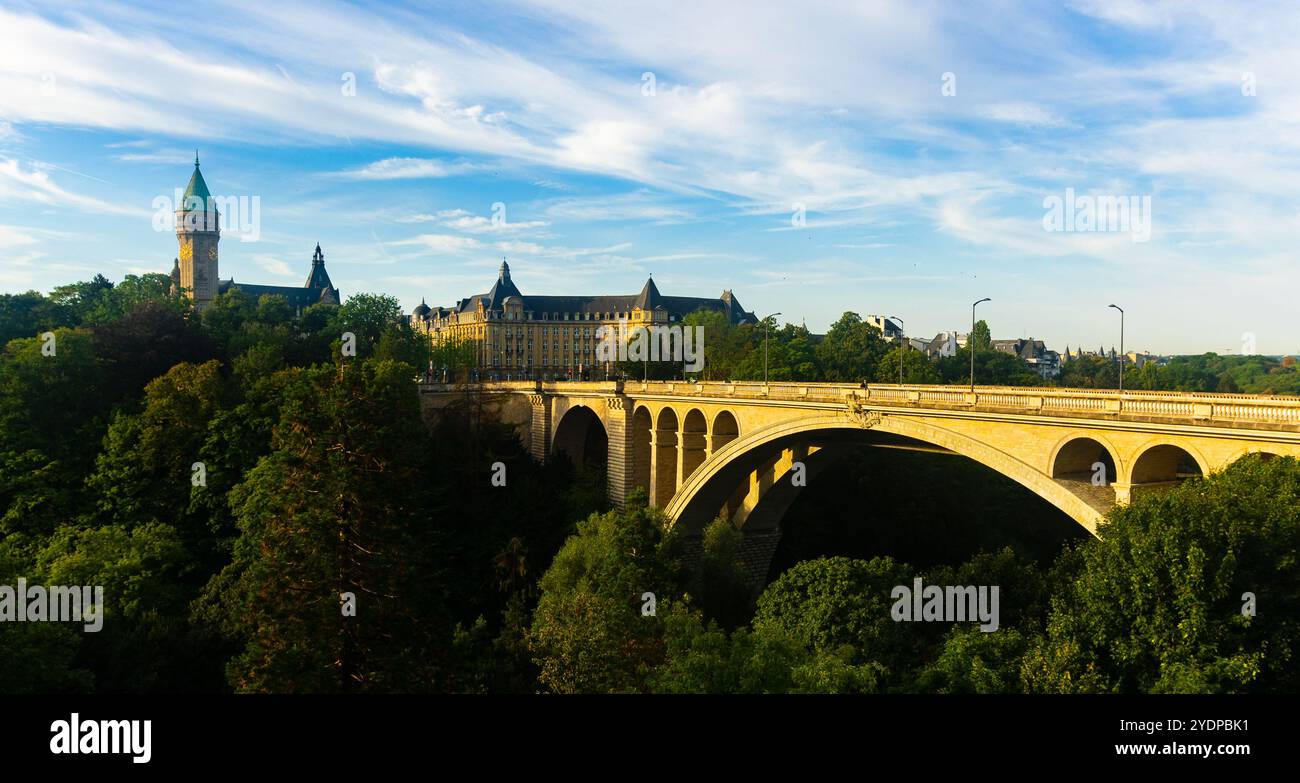 View of Adolphe Bridge over valley of Petrusse River in Luxembourg ...