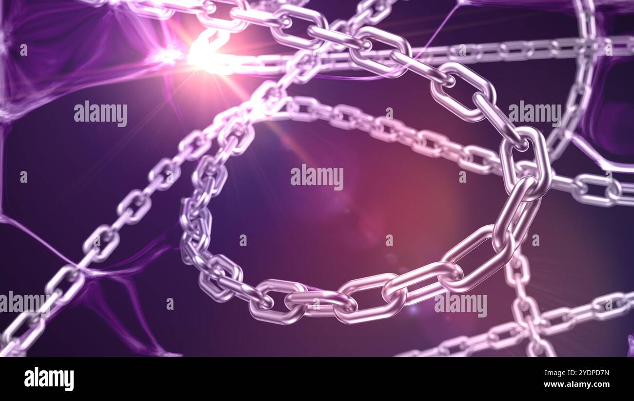 Shiny metal chains intertwining on a dark purple smoky background with ...