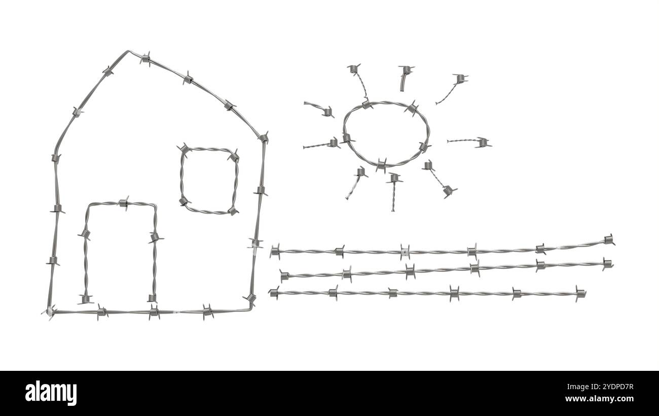Barbed wire forming house, sun, and fence, representing confinement ...