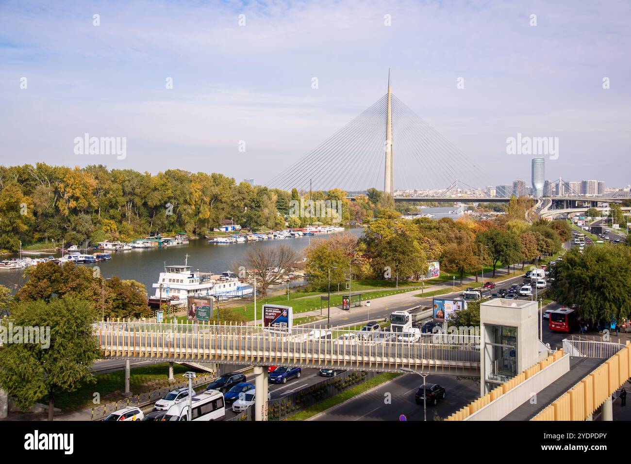 Ada Ciganlija with Ada Bridge, a cable-stayed bridge over the Sava ...