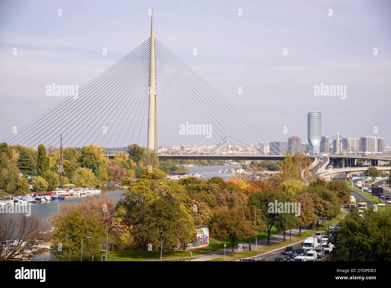 Ada Ciganlija with Ada Bridge, a cable-stayed bridge over the Sava ...