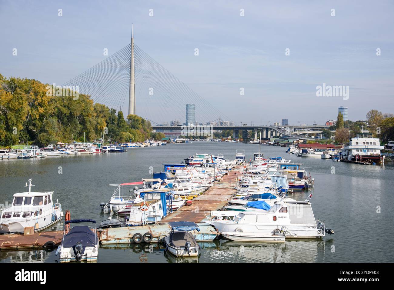 Boat marina at Ada Ciganlija with Ada Bridge, a cable-stayed bridge ...