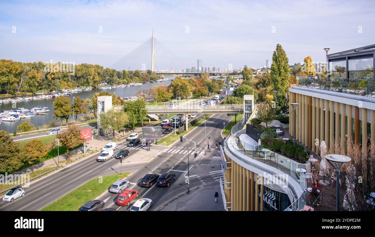 Ada Ciganlija with Ada Bridge, a cable-stayed bridge over the Sava ...