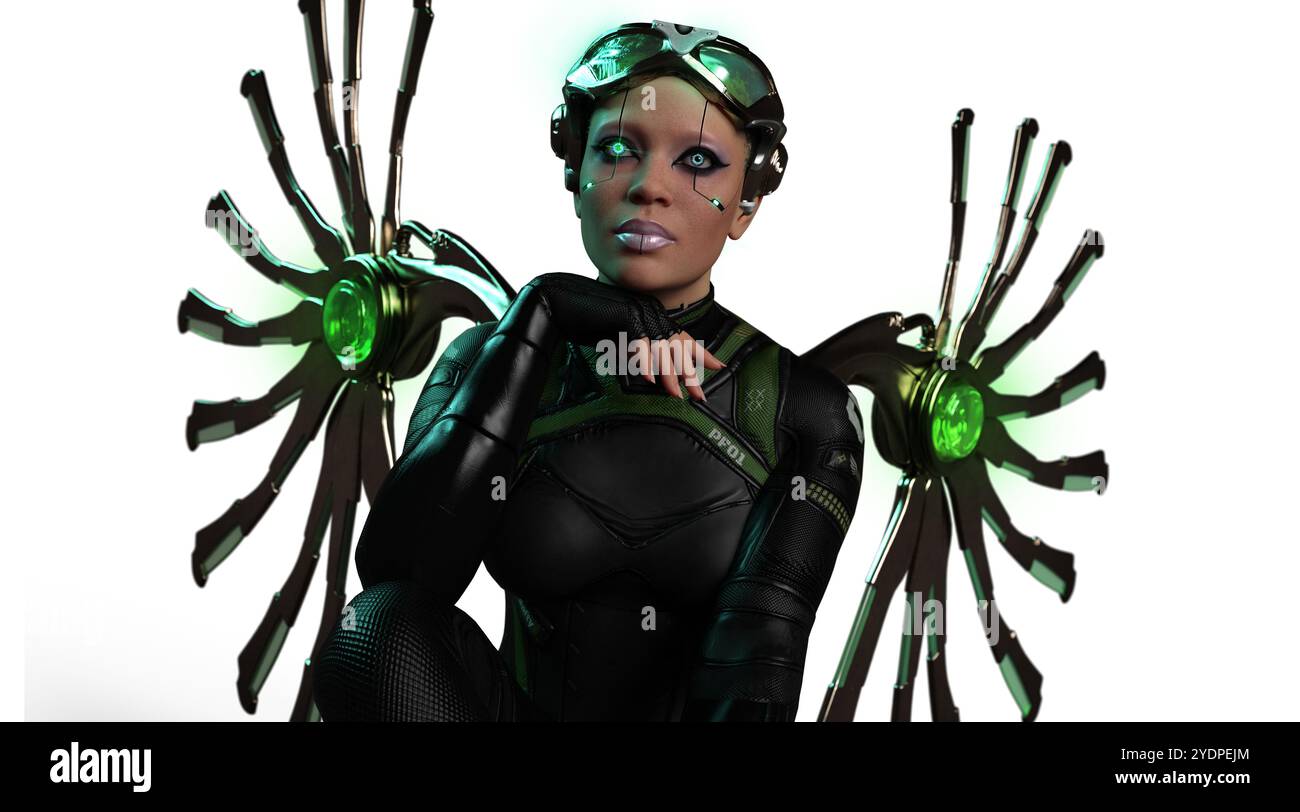 3d computer graphics of a female Cyborg with metallic wings cut out ...