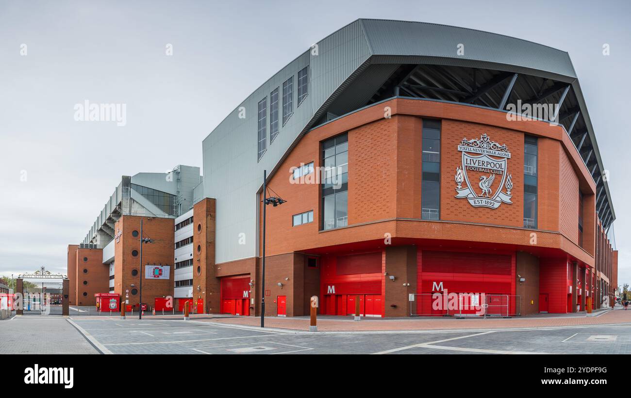 A multi image HDR panorama of Anfield Stadium towering over the famouse ...