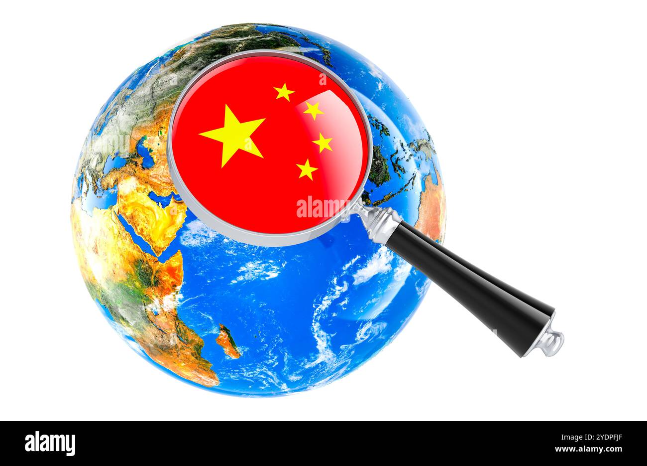 Chinese flag under magnifying glass with Earth Globe, 3D rendering ...