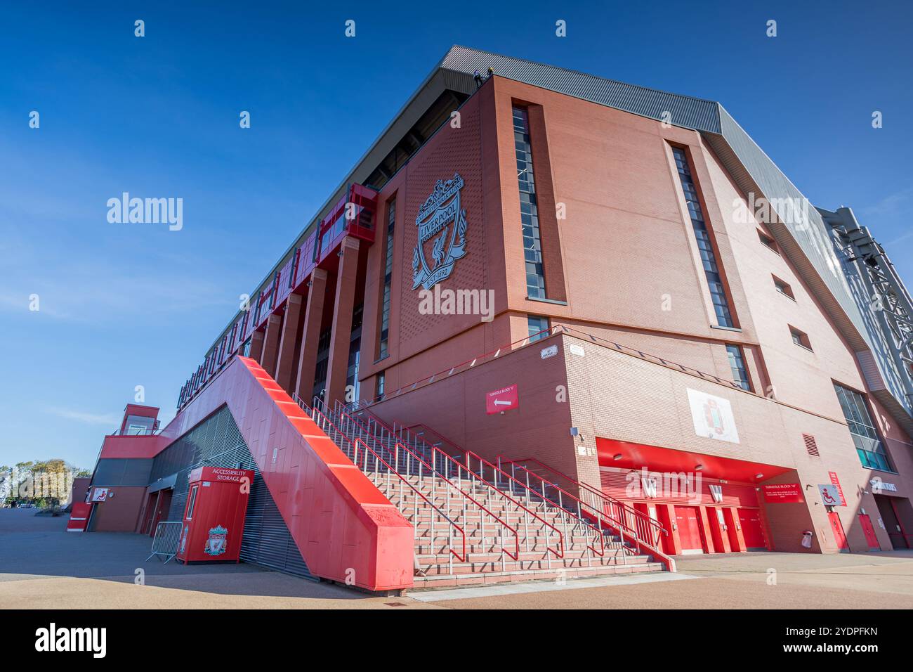 Steps and railings lead to entrances of the Main Stand at Anfield, home ...