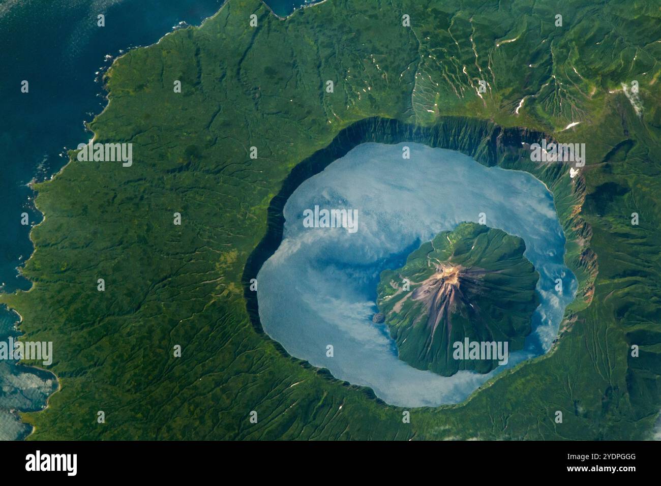 Aerial photo of Krenitsyna Volcano, on Onekotan Island in the Kuril ...