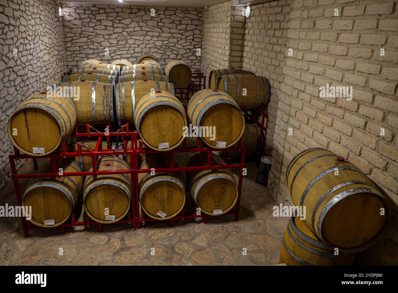 Wooden barrels of the special reserve and wine containers in the wine ...