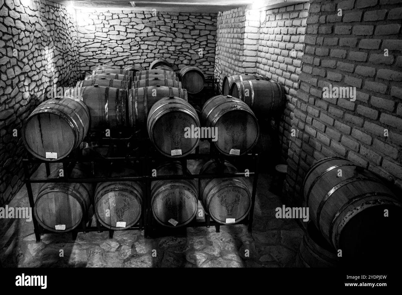 Wooden barrels of the special reserve and wine containers in the wine ...