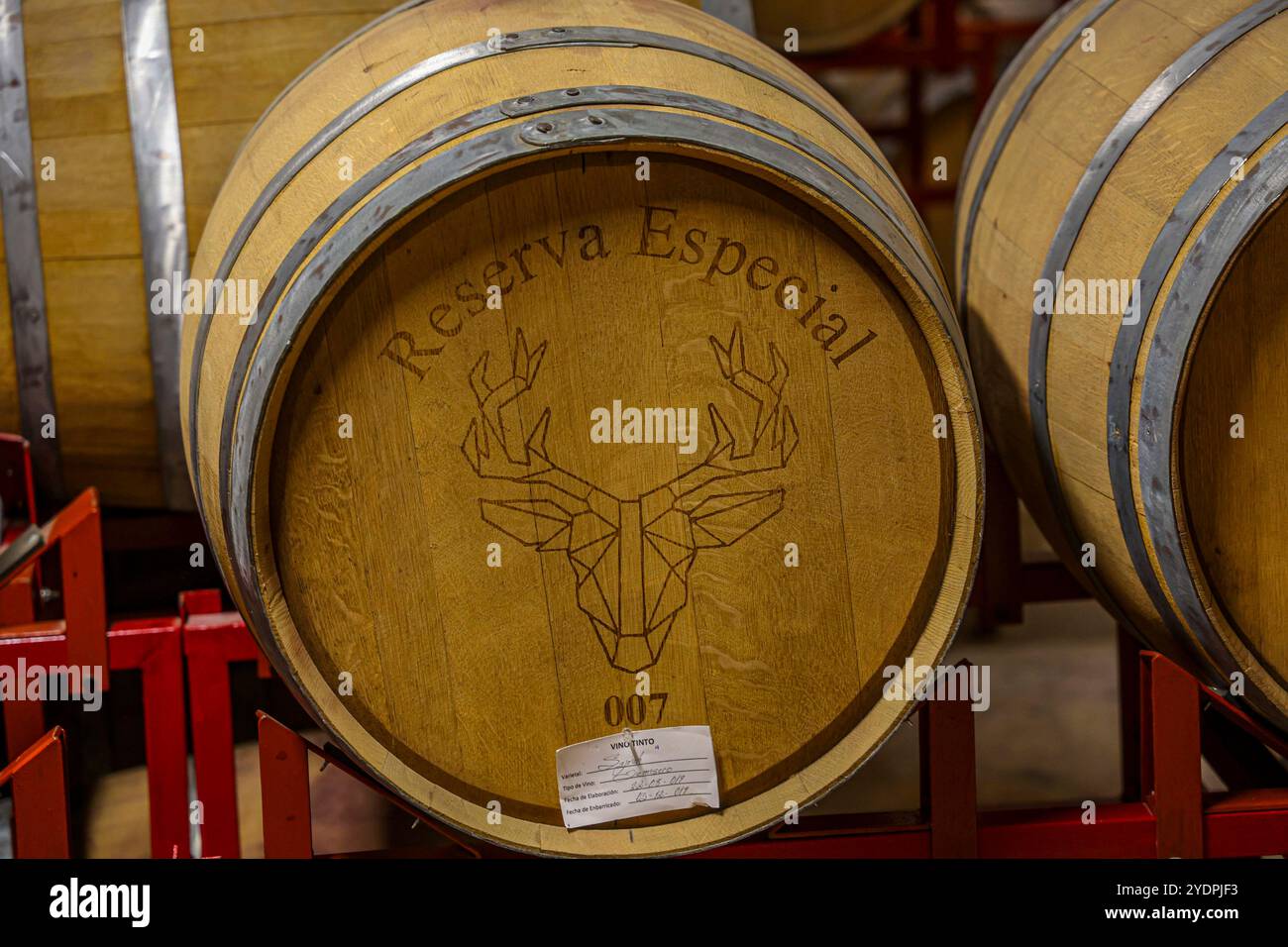 Wooden barrels of the special reserve and wine containers in the wine ...