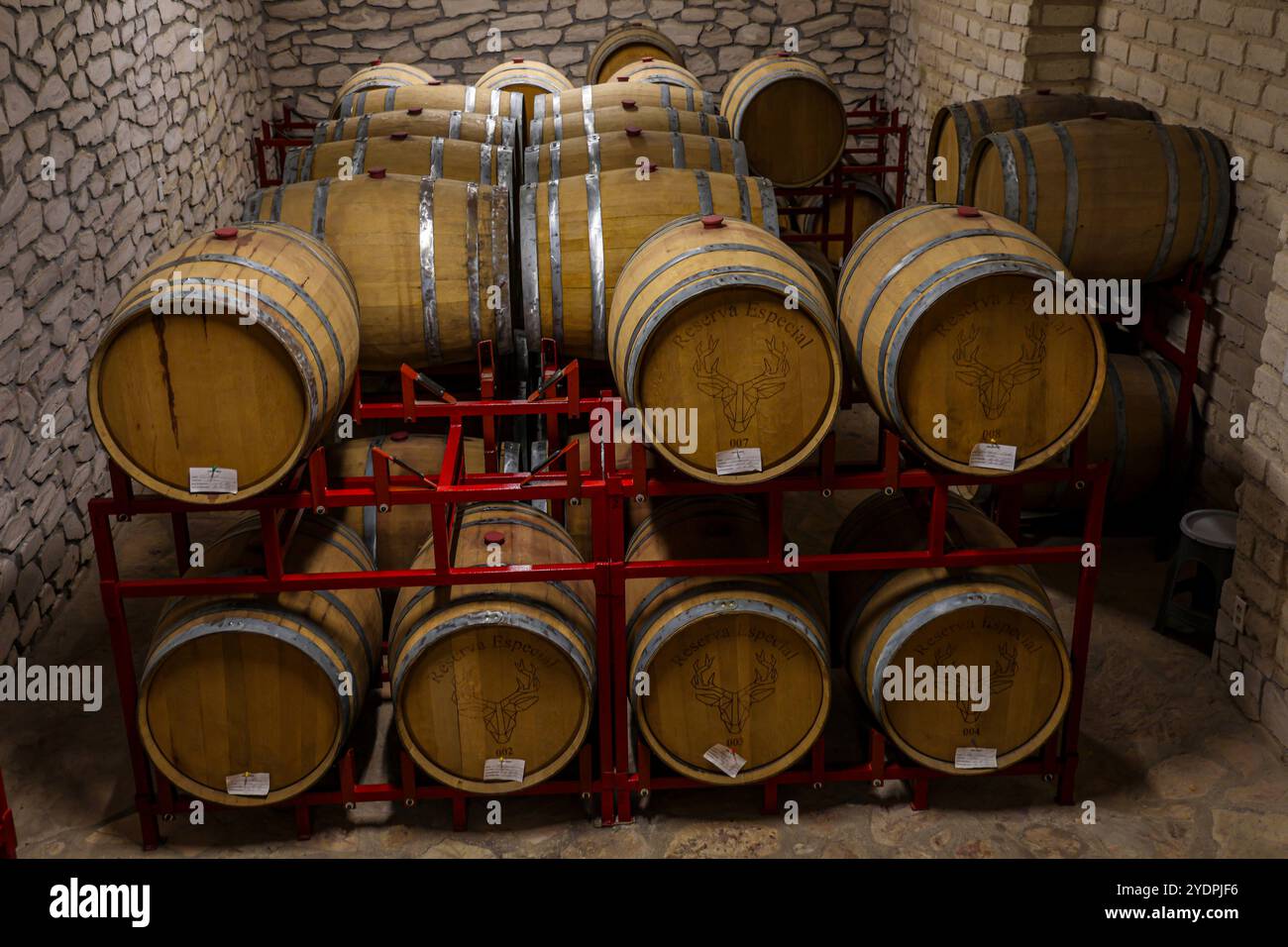 Wooden barrels of the special reserve and wine containers in the wine ...