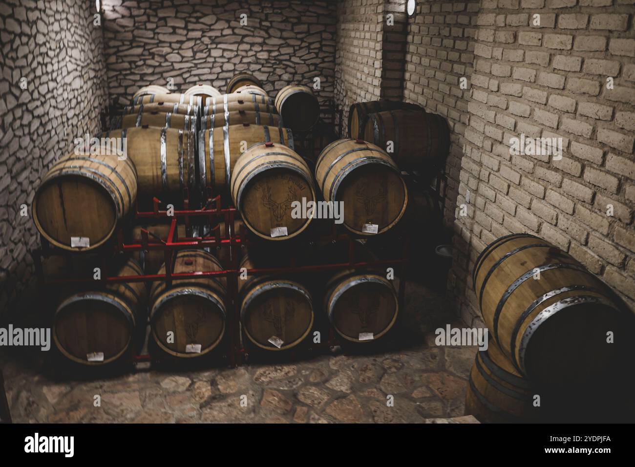 Wooden barrels of the special reserve and wine containers in the wine ...