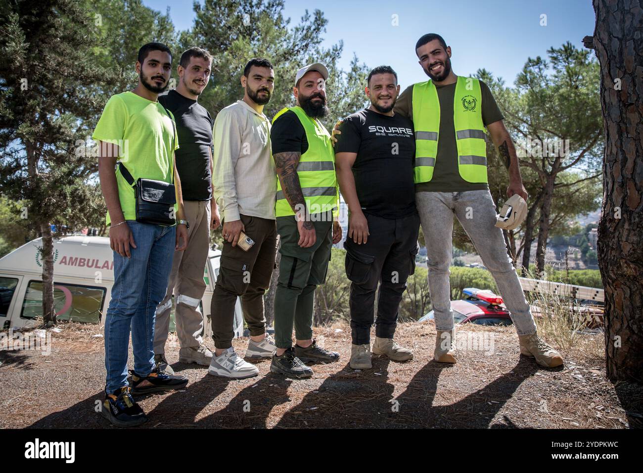 Nabatieh, Lebanon. 20th Oct, 2024. Members of the civil defence pose ...