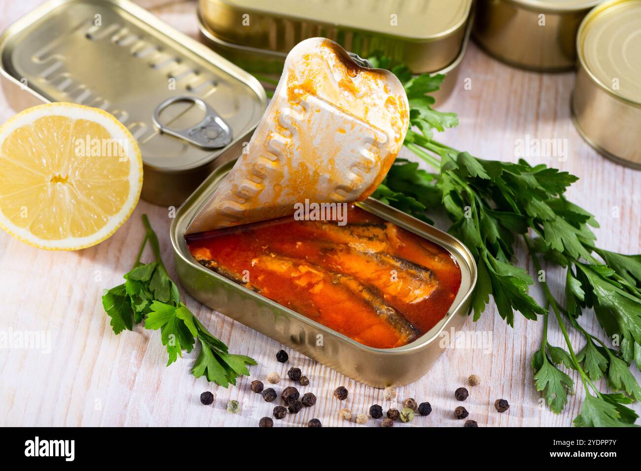 Pickled sardines in tomato sauce in open tin can, nobody Stock Photo ...