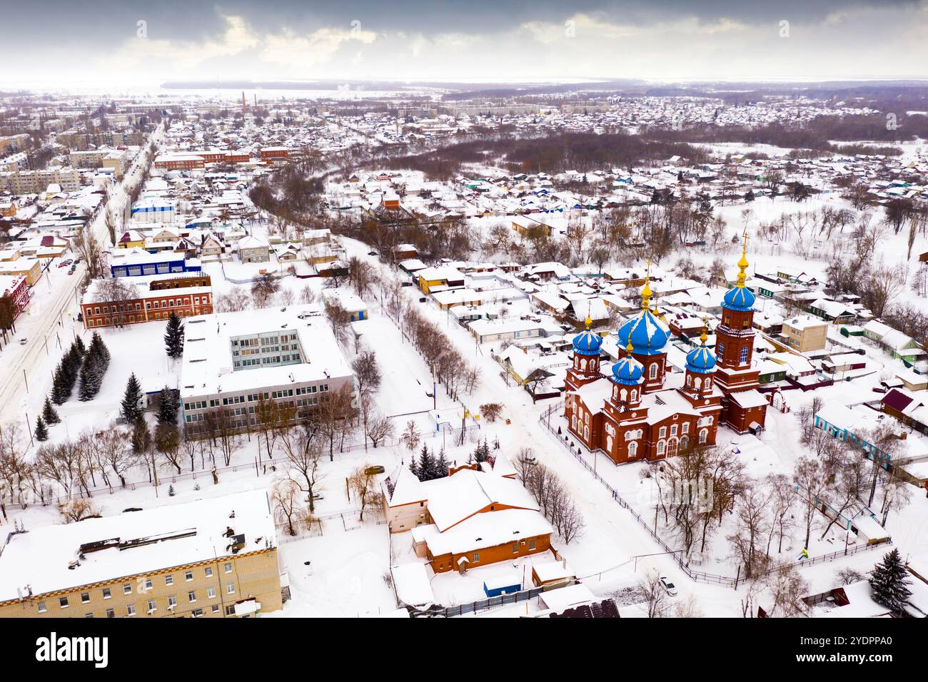 Aerial view of Church of the Intercession in winter in the city ...