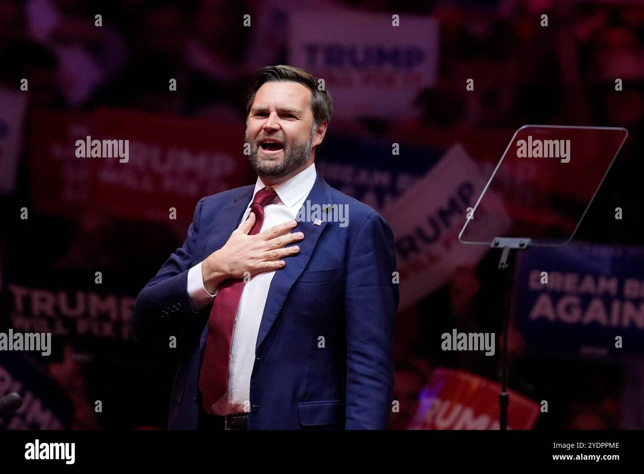 Republican vice presidential nominee Sen. JD Vance, R-Ohio, gestures ...