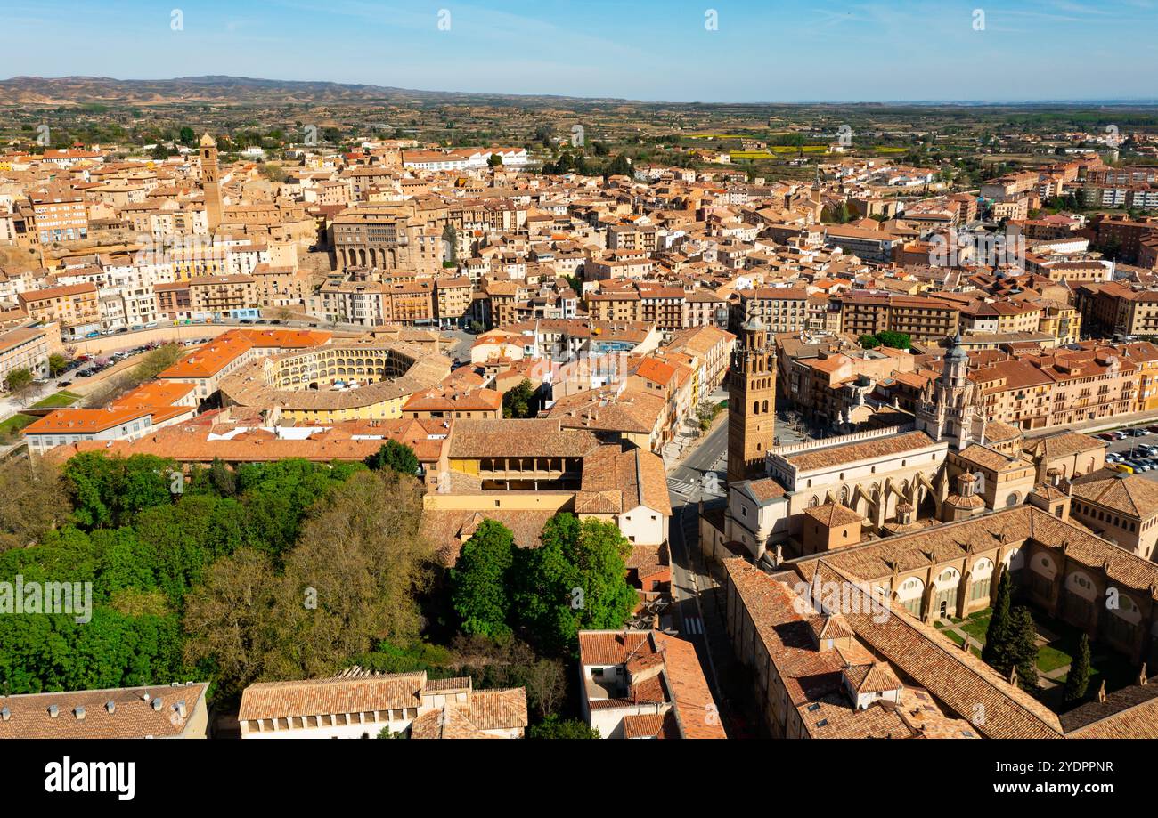 Drone view of Tarazona with ancient bullfight arena and medieval ...
