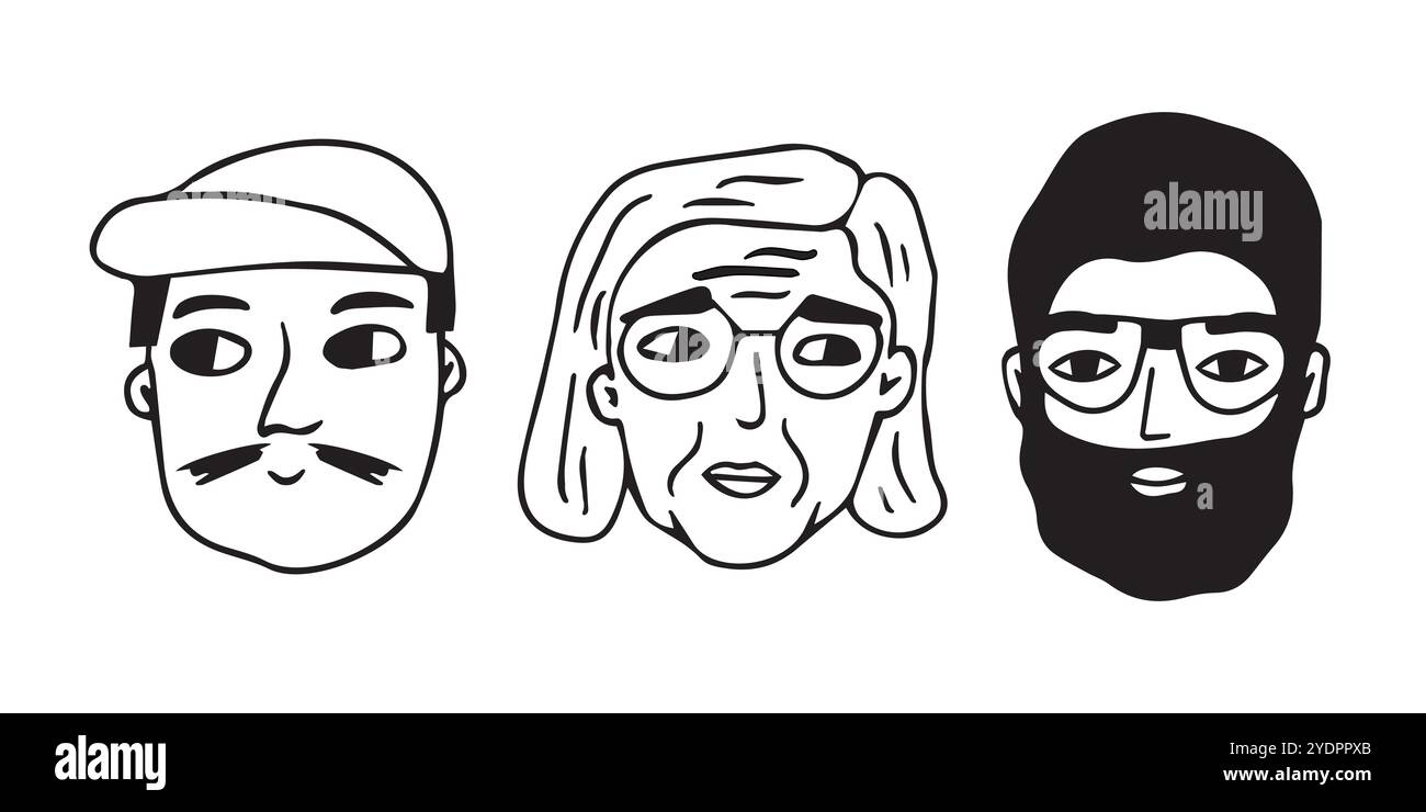 Black white hand drawn cartoon outline people heads faces. Two men with ...