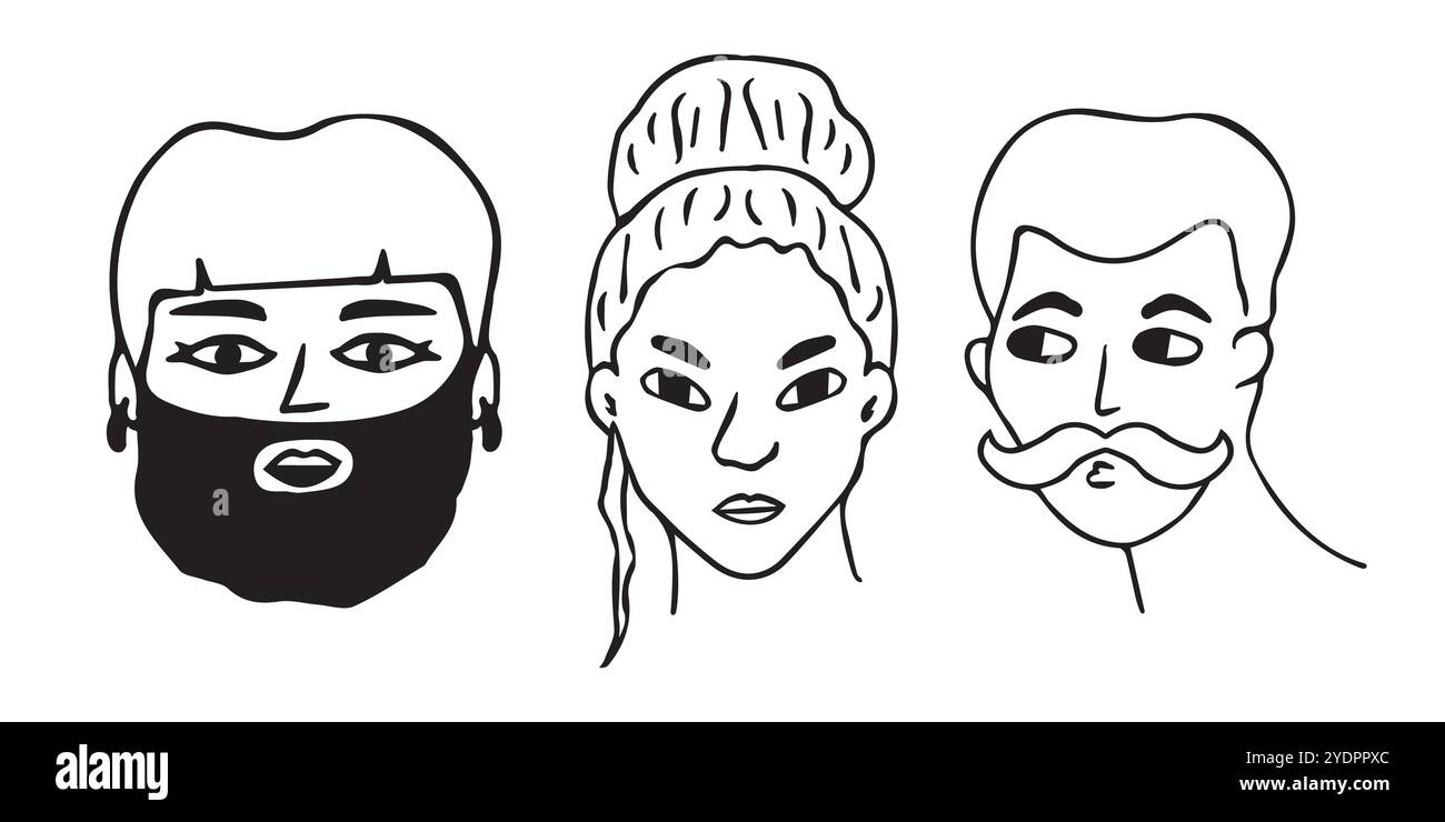 Black woman, a man faces with beard and a man with mustaches. Outline ...