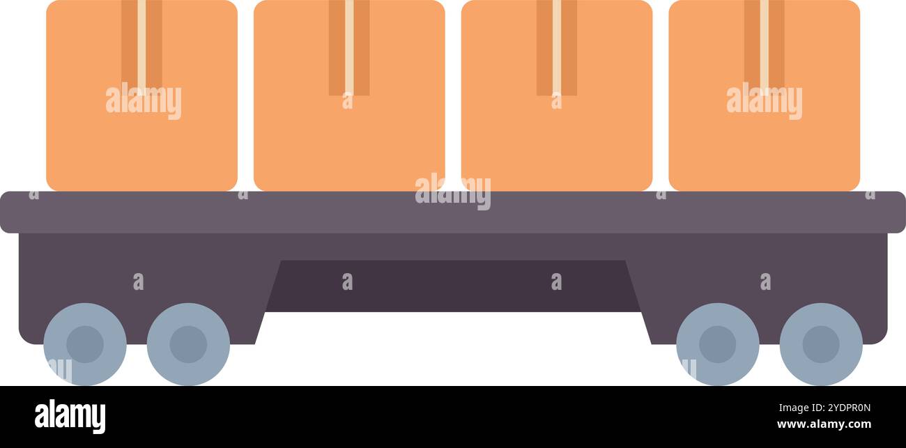 Side view of a flatbed rail car carrying cardboard boxes, representing ...