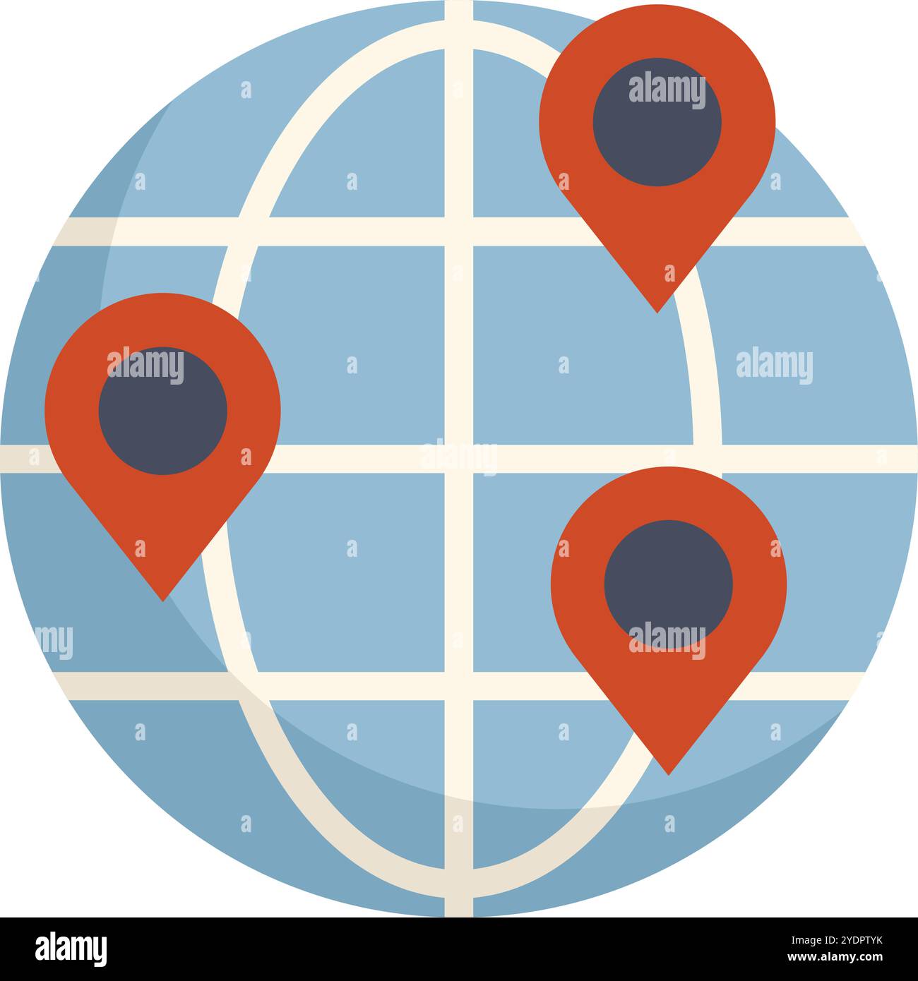 This vector illustration features a blue globe with three red location ...