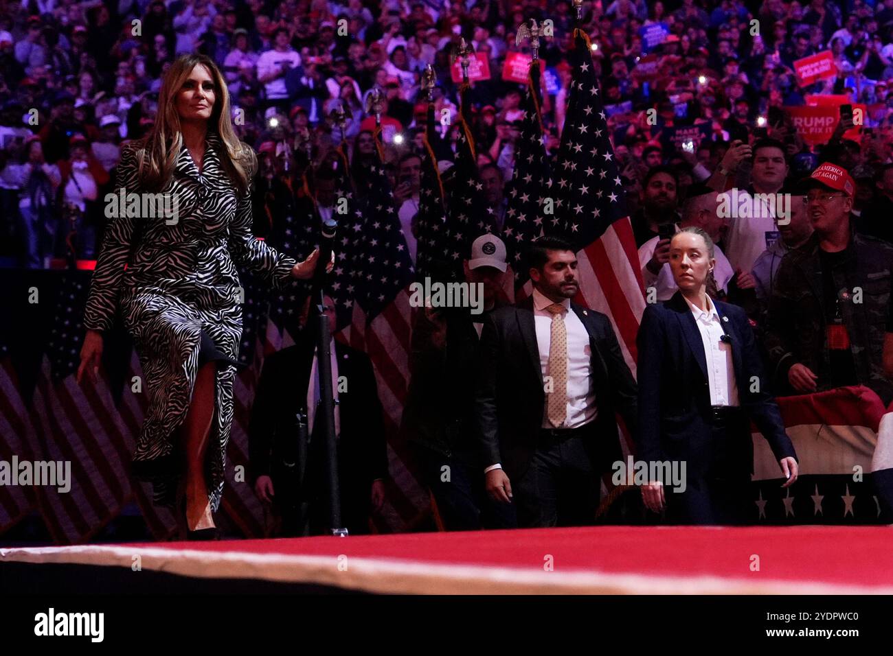 Former first lady Melania Trump arrives to speak at a campaign rally ...