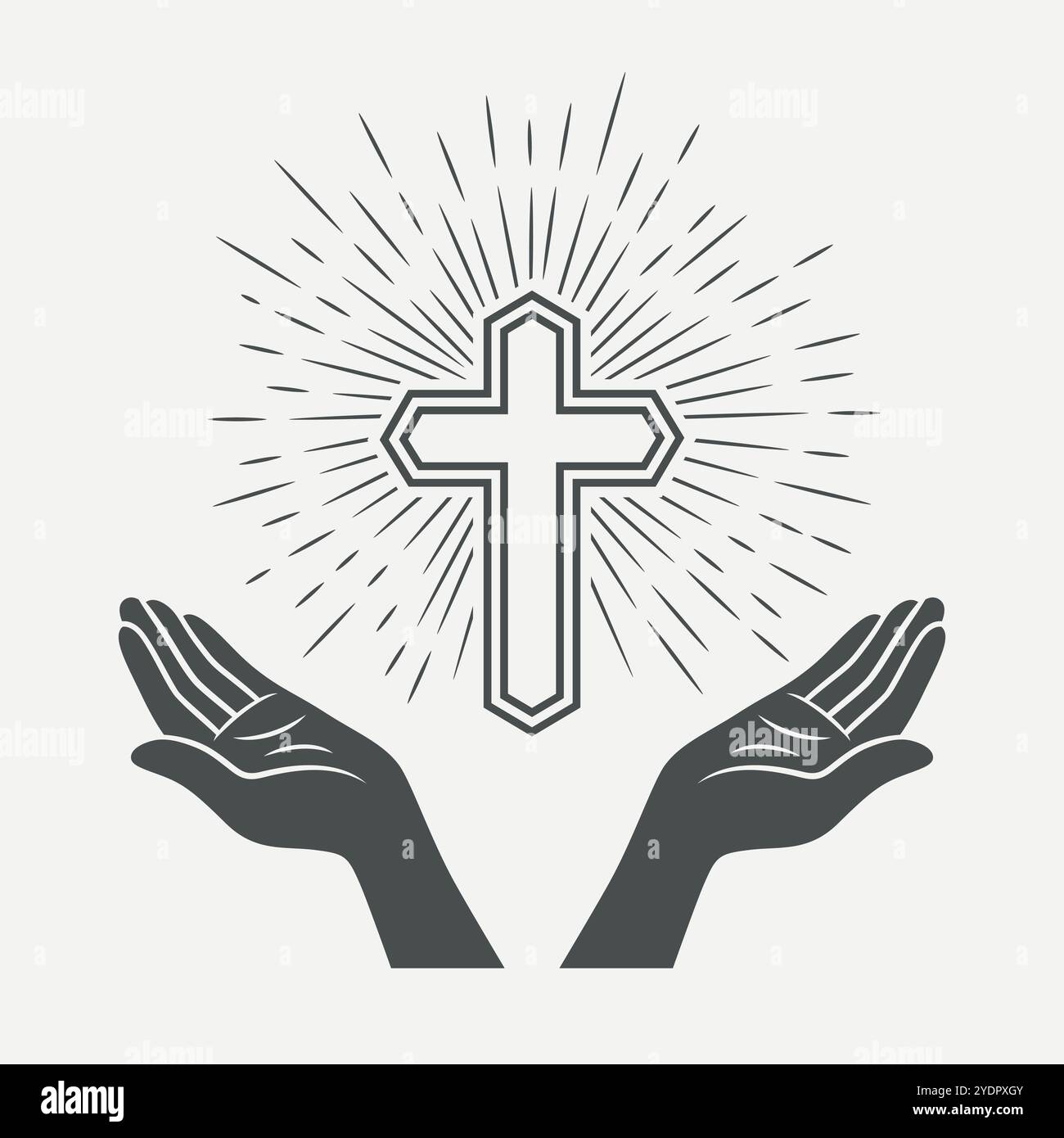 Black and White Open Hands with Cross and Divine Light, Symbol of Faith ...