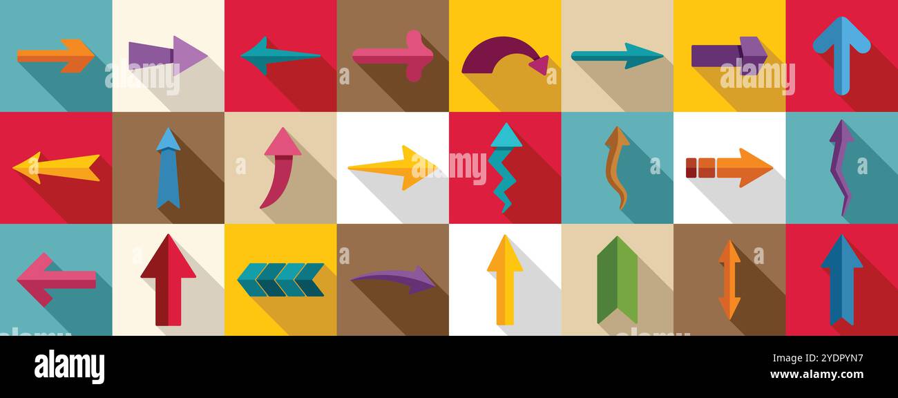 Straight long arrow icons set. Set of various colorful arrows pointing in different directions ...