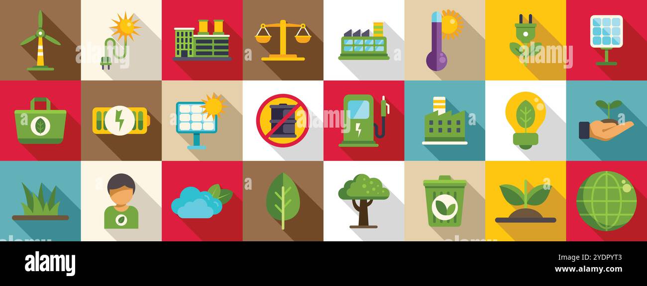 Co2 neutral icons set. Colorful icons representing renewable energy ...