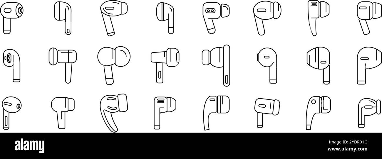 Wireless earphones icons set. Line drawing of various wireless earbuds ...