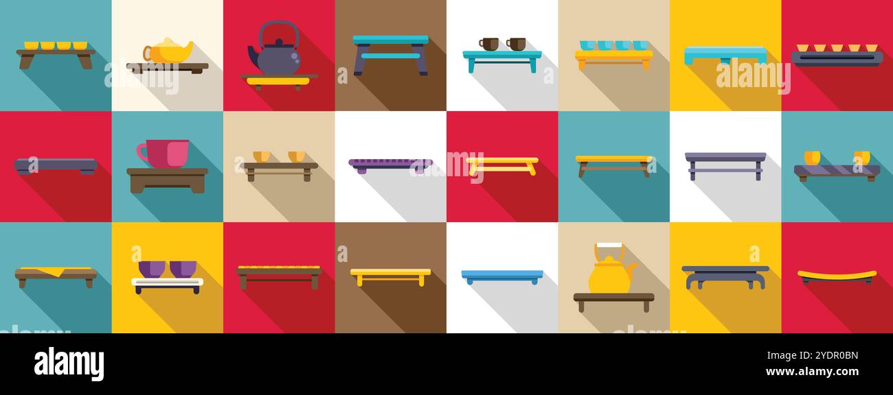 Tea ceremony table icons set. Tea ceremony accessories and trays icons ...
