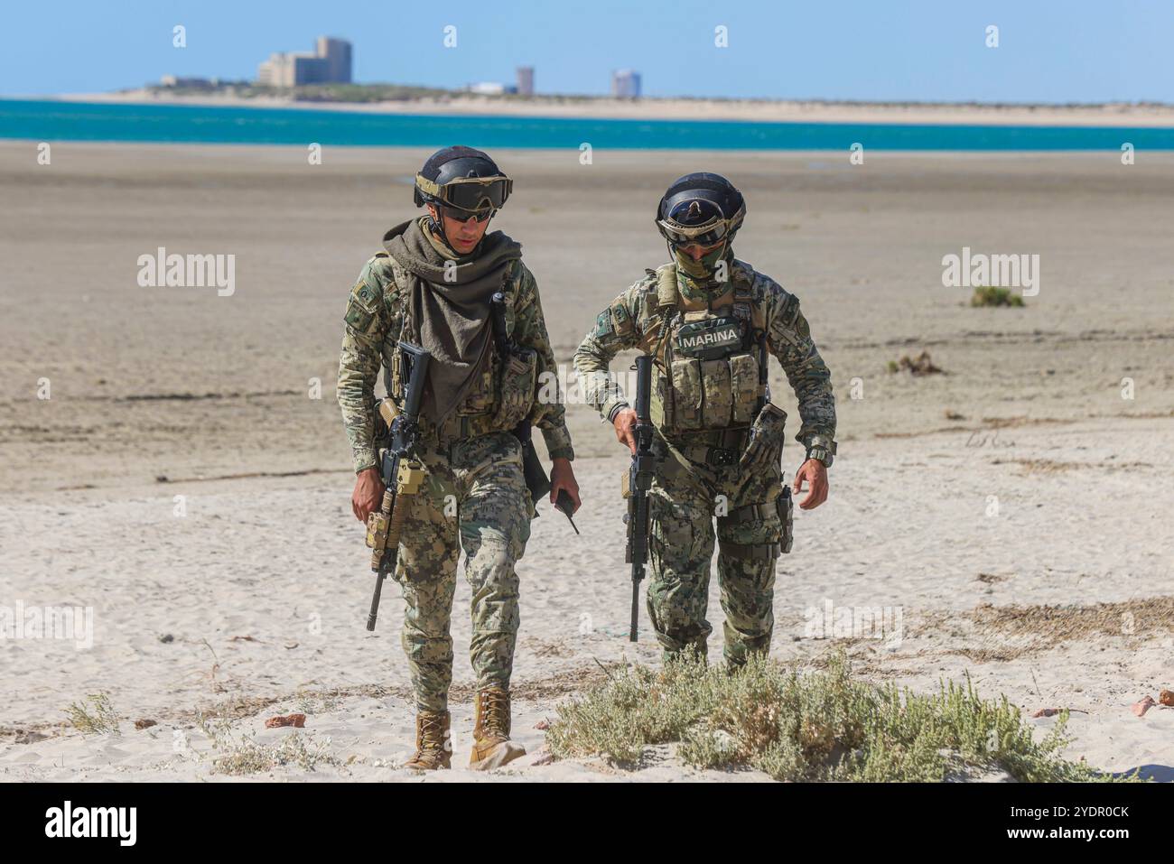 two soldiers or military personnel of the Mexican Navy guard the ...