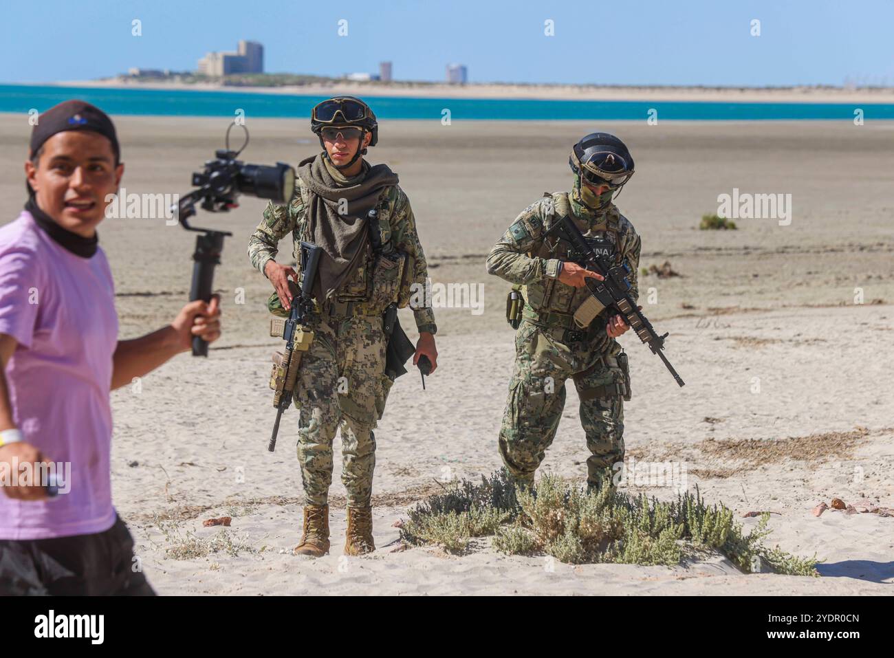 two soldiers or military personnel of the Mexican Navy guard the ...