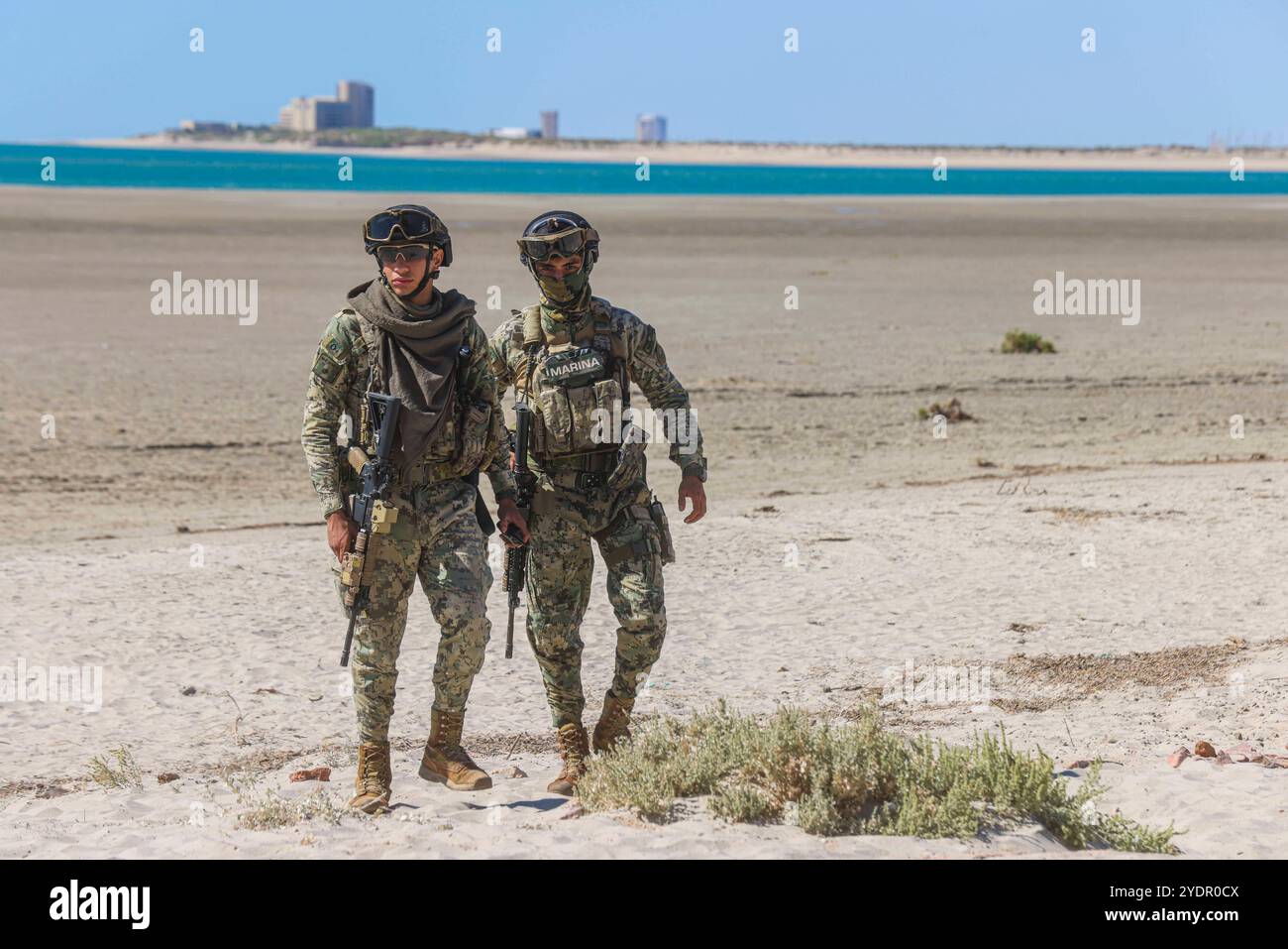 two soldiers or military personnel of the Mexican Navy guard the ...