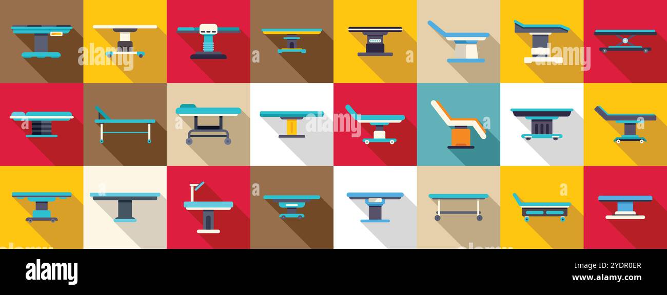 Medical operating table icons set. Various medical stretchers and ...