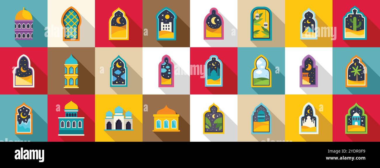 Arch window mosque muslim building icons set. Colorful collection of ...