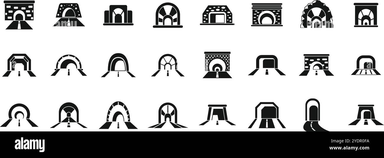 Arch tunnel icons set. Various road tunnel icons depicting underground ...