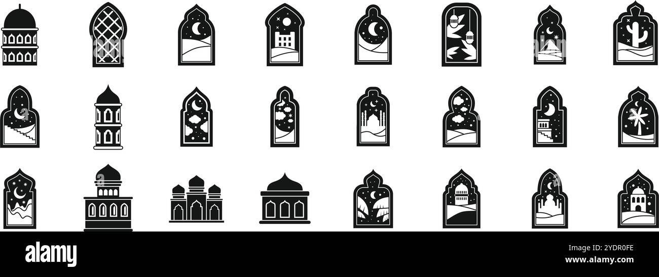 Arch window mosque muslim building icons set. This collection of icons ...