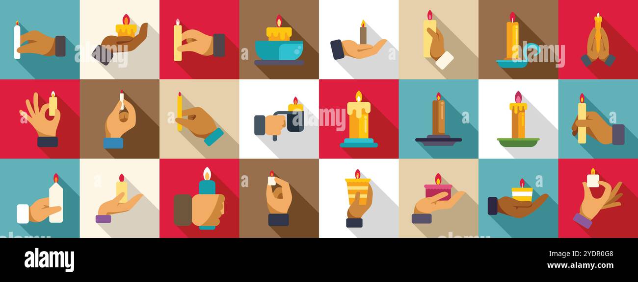 Hand holding candle icons set. Collection of hands interacting with lit ...