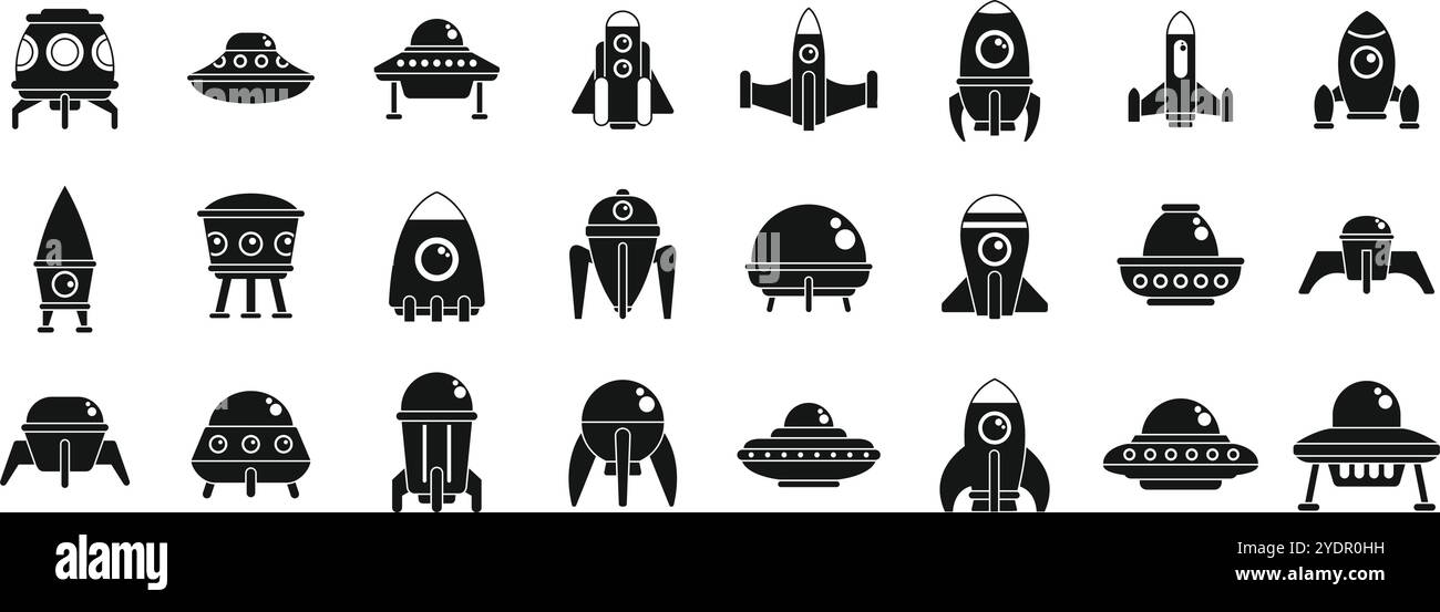 Alien cosmic starship icons set. Set of simple spaceship and rocket ...