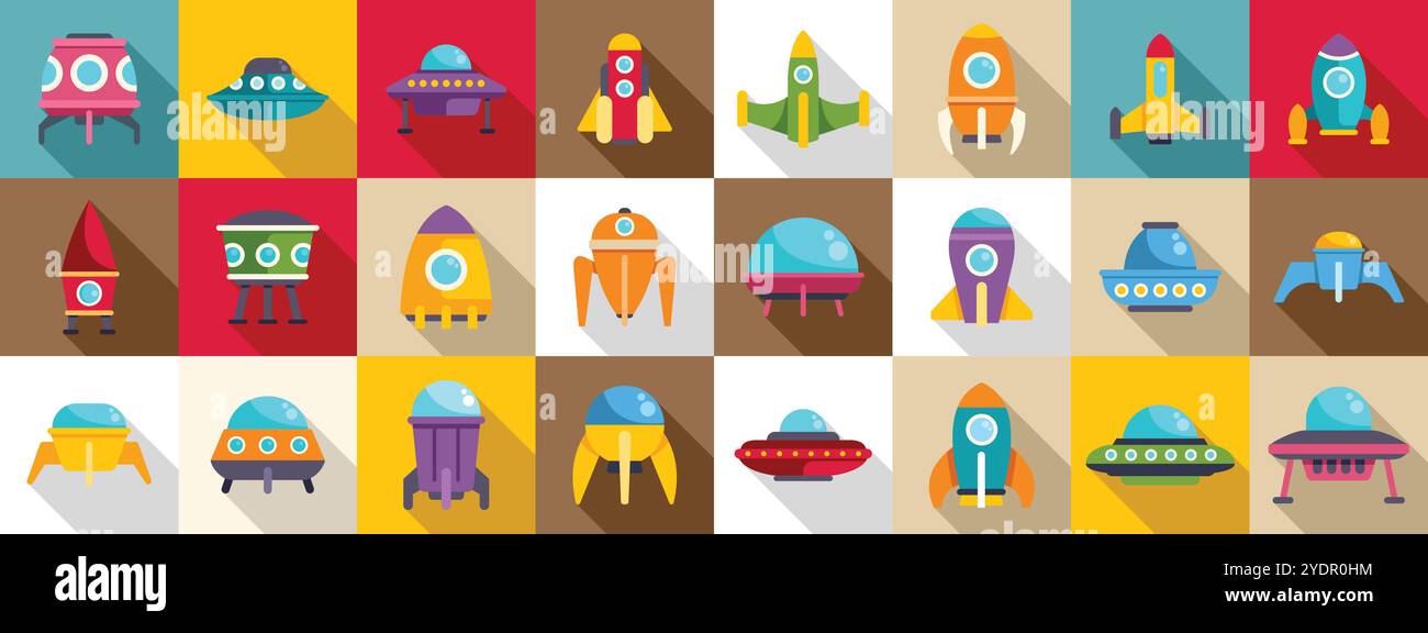 Alien cosmic starship icons set. Set of colorful spaceships and ufos ...