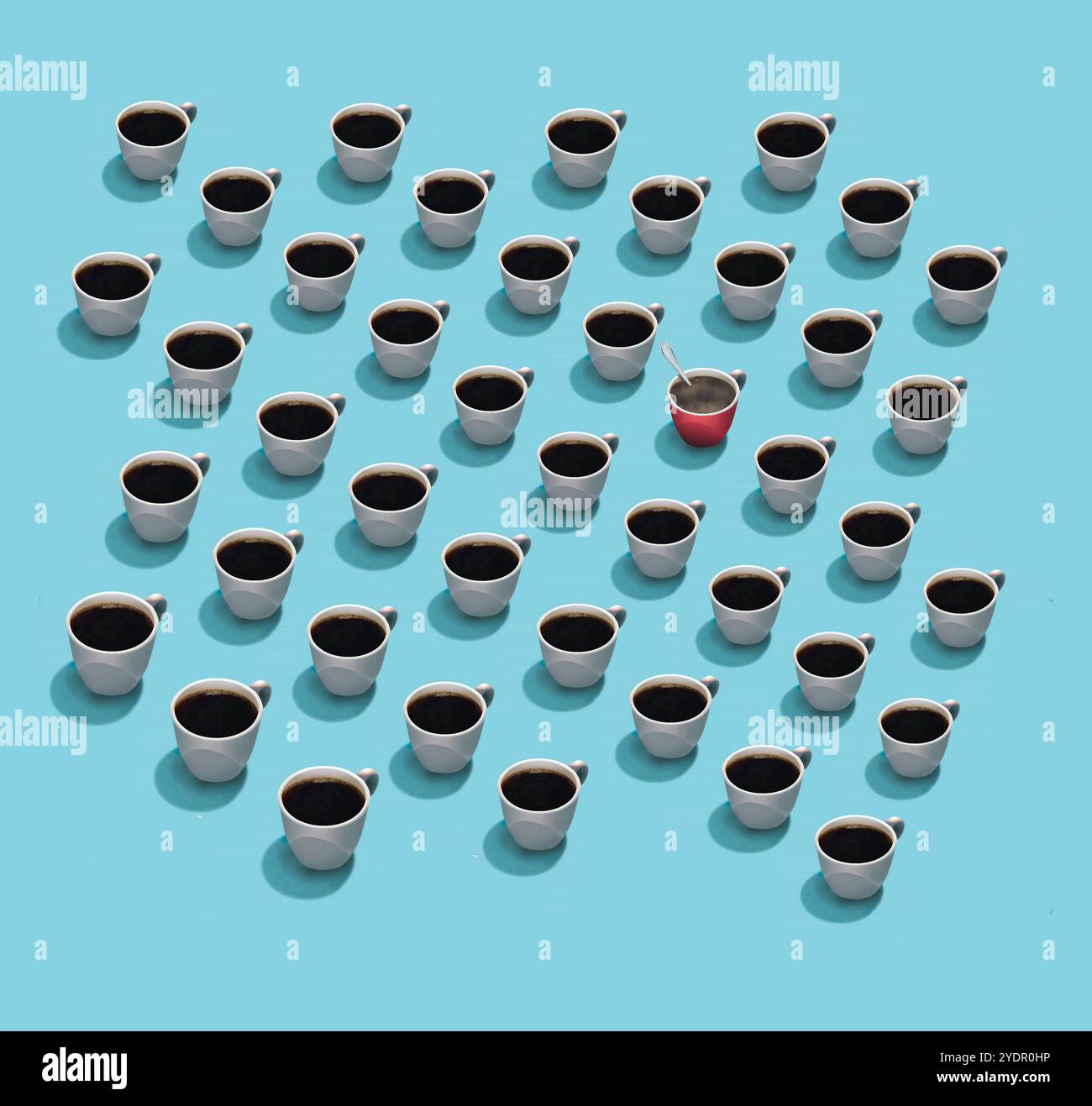 Standing out in a crowd is the theme of this image where identical cups ...