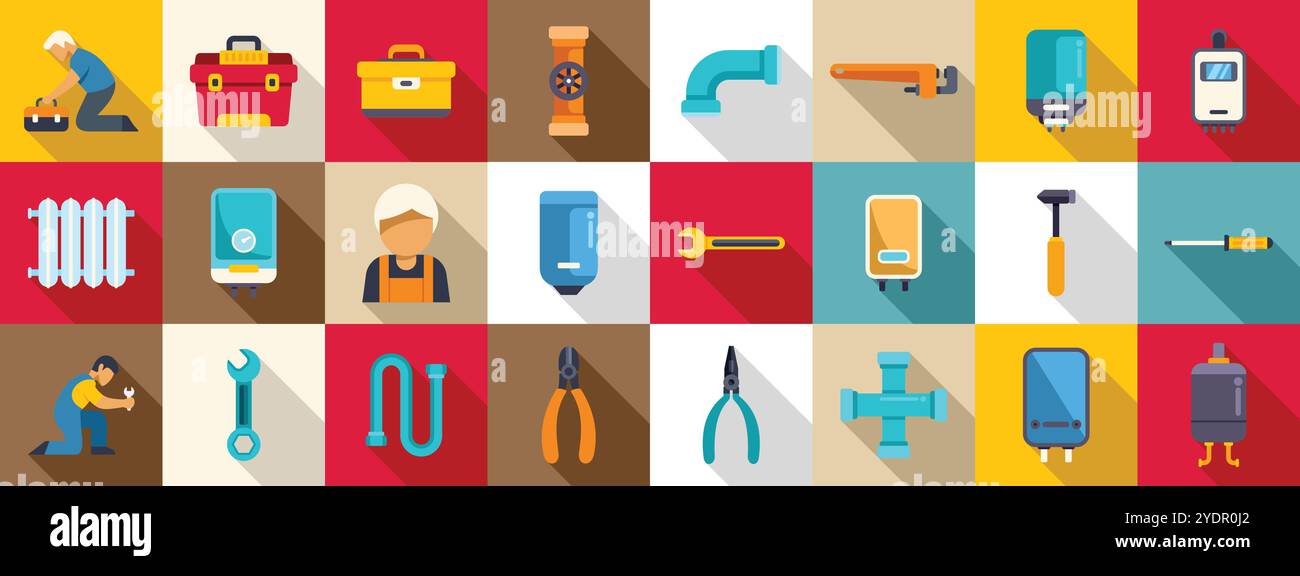 Fix heater pipeline icons set. Plumber icons set showing different ...