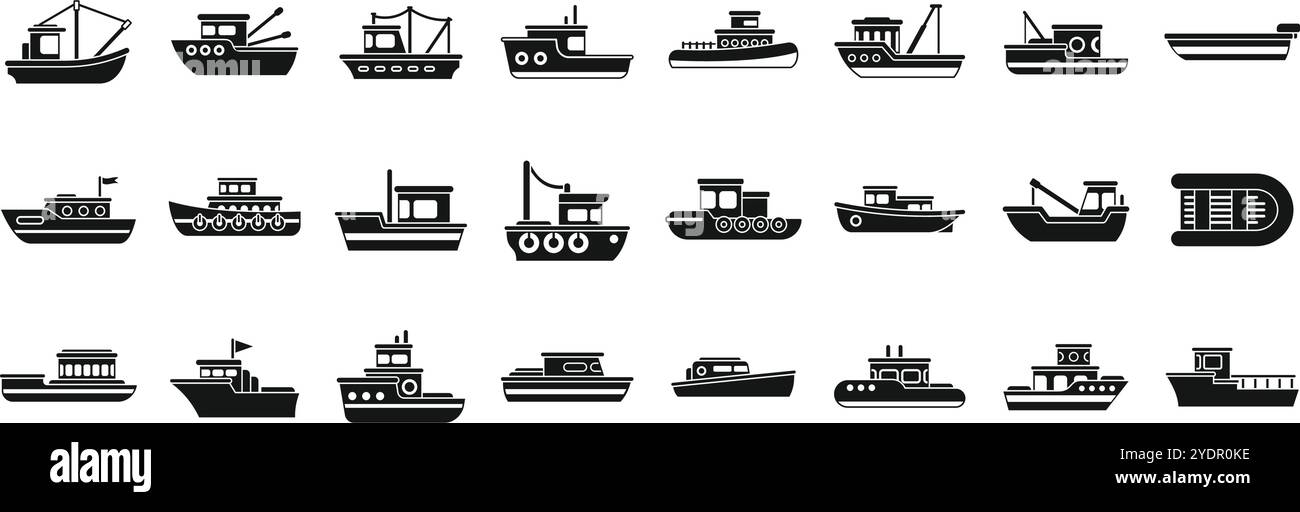 Fisher vessel icons set. Set of fishing boat icons representing various ...