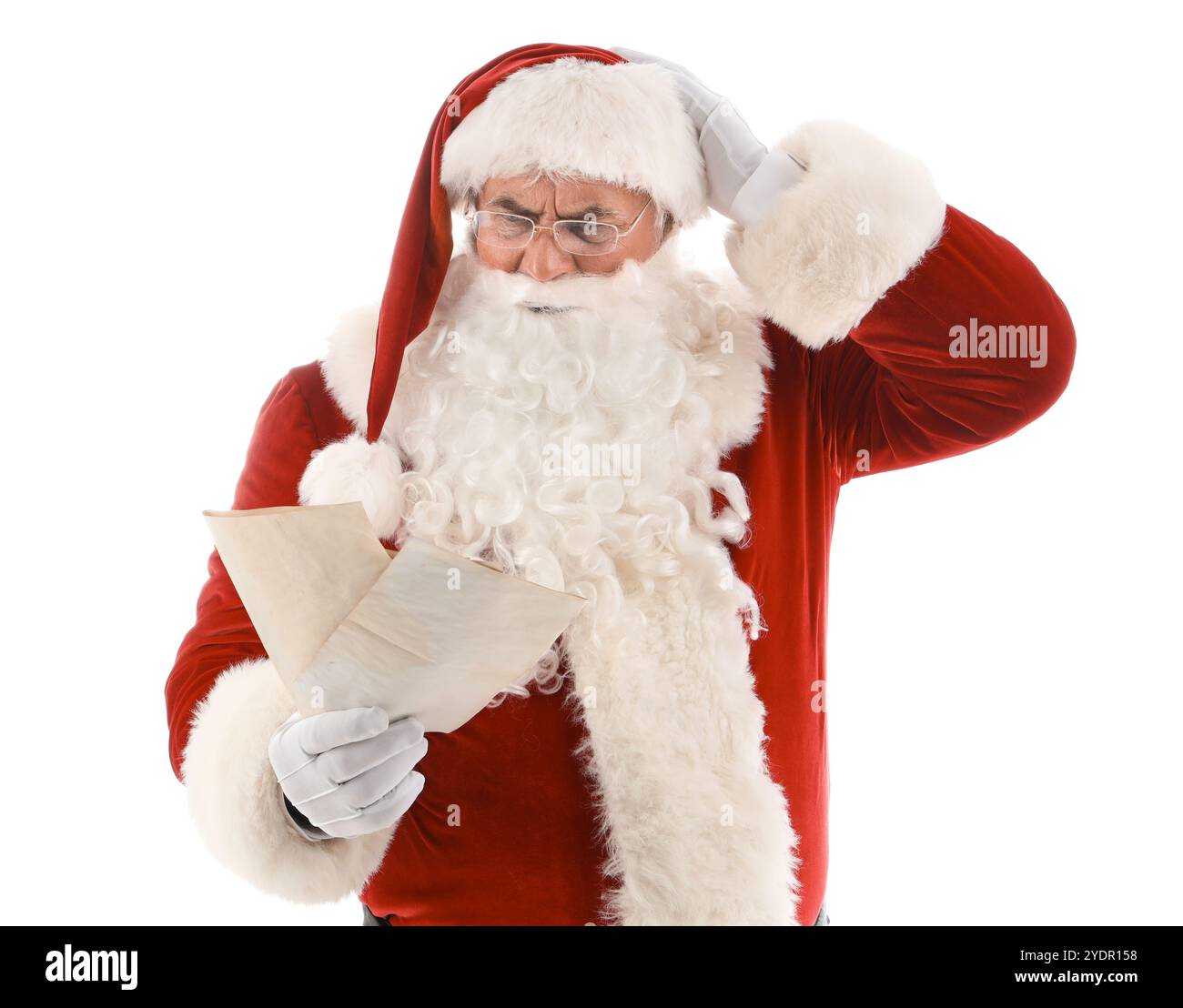 Stressed Santa Claus with letters on white background Stock Photo - Alamy