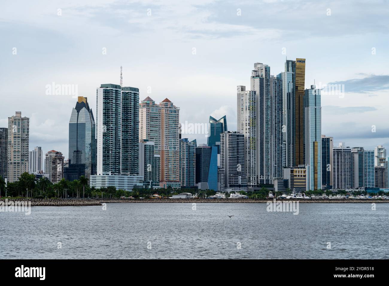 Cluster of modern skyscrapers in Panama City, with boats and park ...