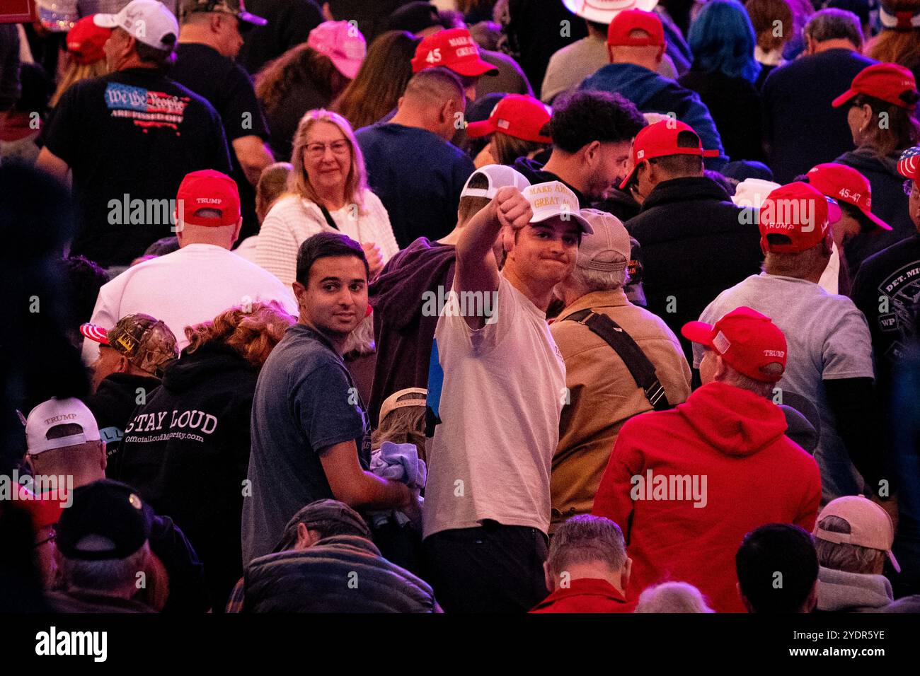 The audience turns around and boo's to the press risers during the ...